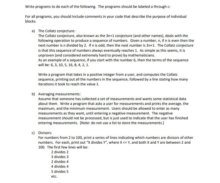 Solved Write programs to do each of the following. The | Chegg.com