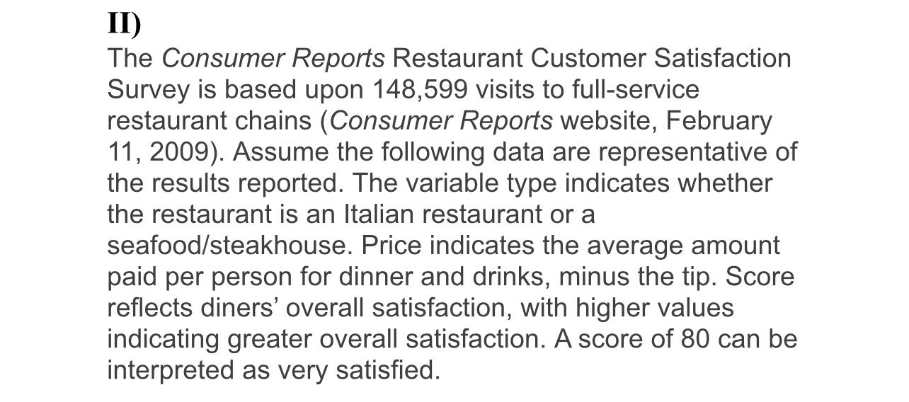 Solved The Consumer Reports Restaurant Customer Satisfaction | Chegg.com