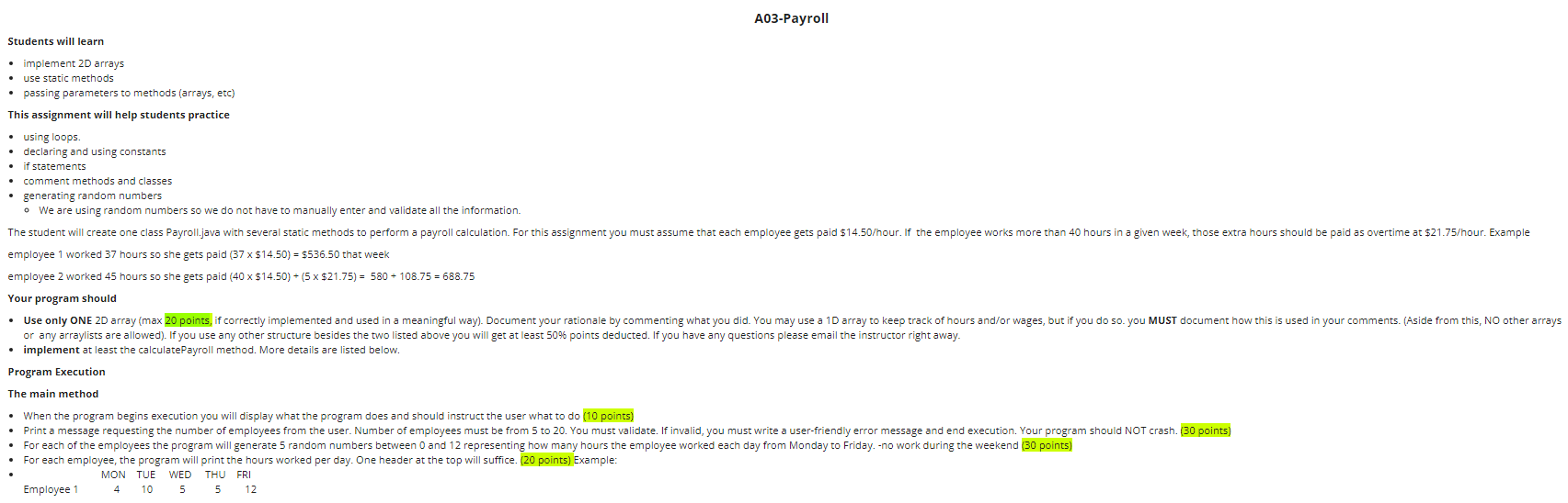 Solved A03-Payroll Students will learn • implement 2D arrays | Chegg.com