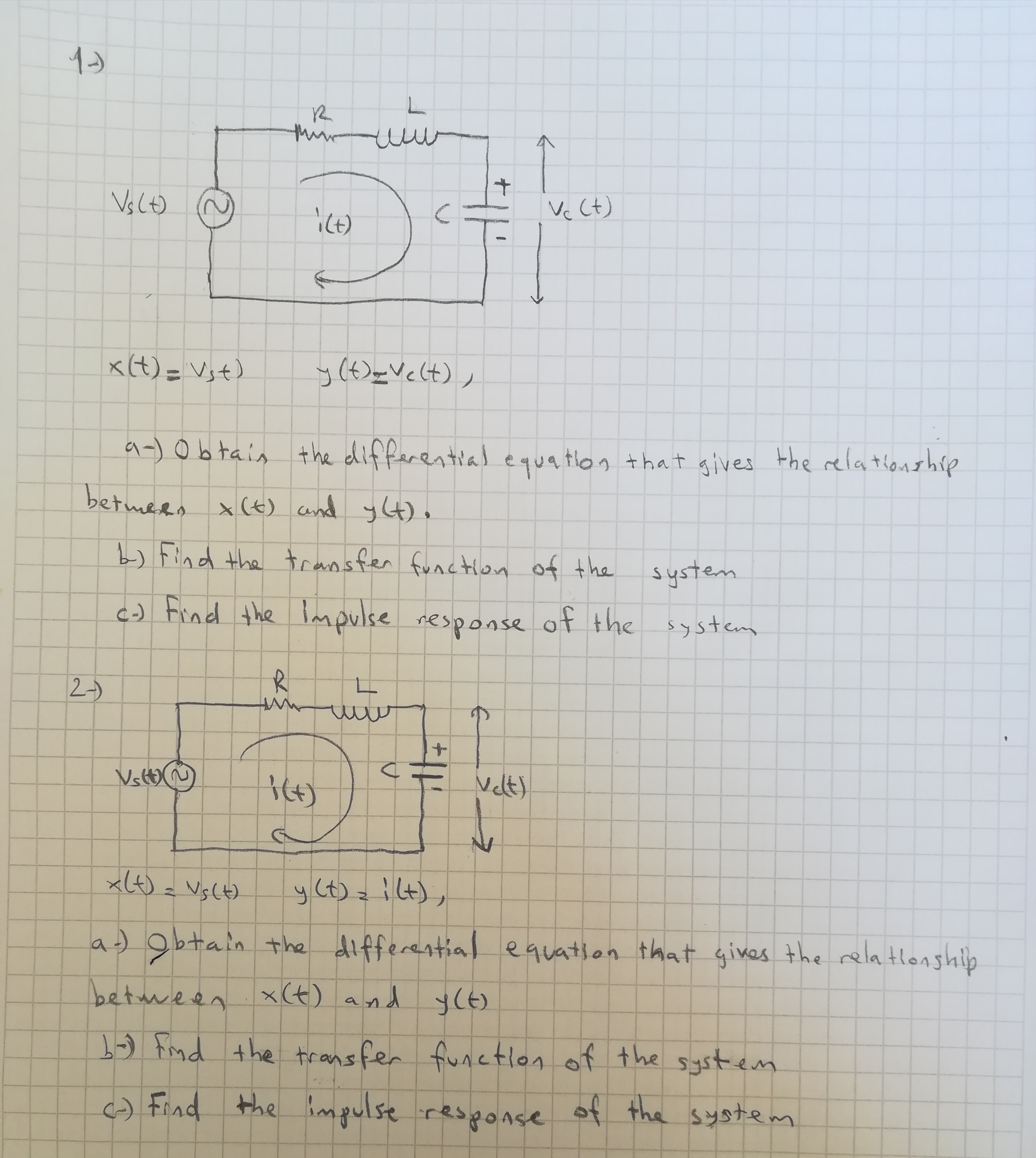 Solved x(t)=vst)y(t)Σvc(t), a-) Obtain the differential | Chegg.com