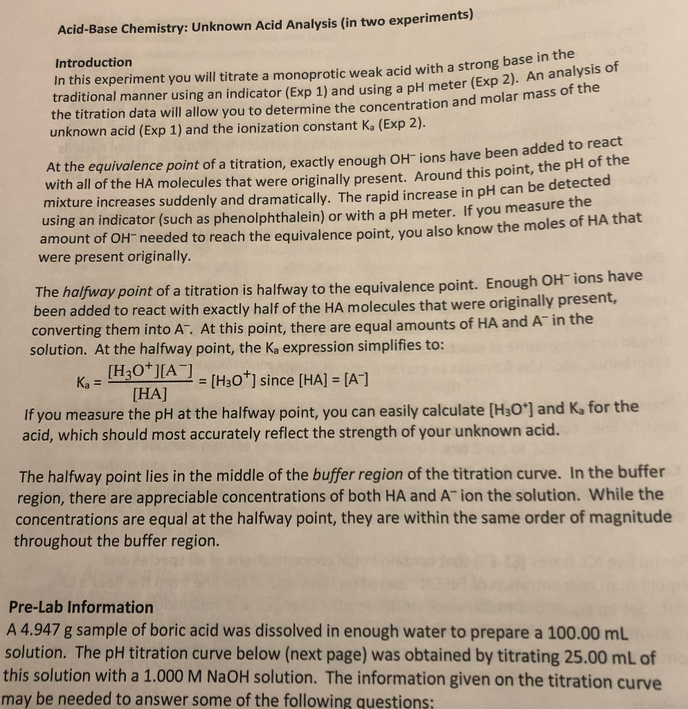 Solved Acid-Base Chemistry: Unknown Acid Analysis (in two | Chegg.com