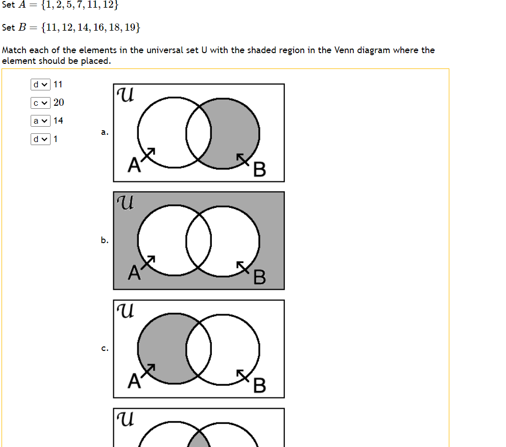Solved Set A={1,2,5,7,11,12} Set B={11,12,14,16,18,19} Match | Chegg.com