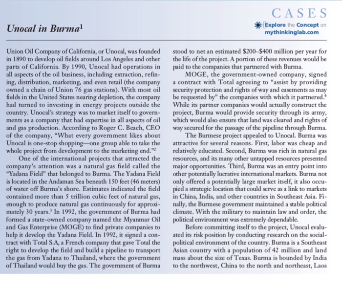 Solved CASES Explore Concept or Unocal in Burma mythinking | Chegg.com