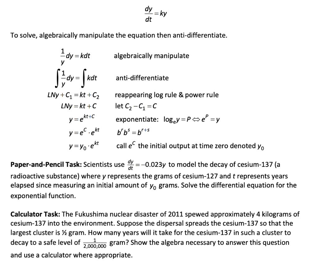 Solved dtdy=ky To solve, algebraically manipulate the | Chegg.com