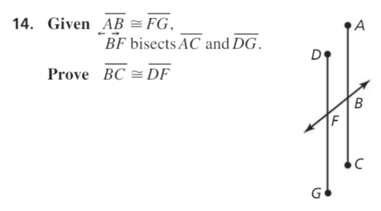 Solved BF bisects AC and DG. Prove BC≅DF | Chegg.com