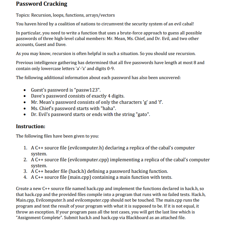 Solved need help creating the hack.cpp and the functions | Chegg.com