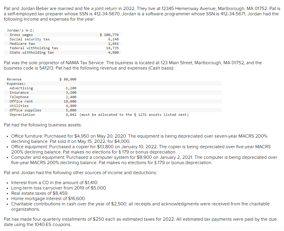 Pat and Jordan Beber are married and file a joint | Chegg.com