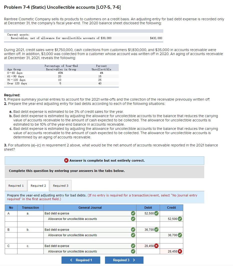 Solved Problem 7-4 (Static) Uncollectible accounts [LO7-5, | Chegg.com
