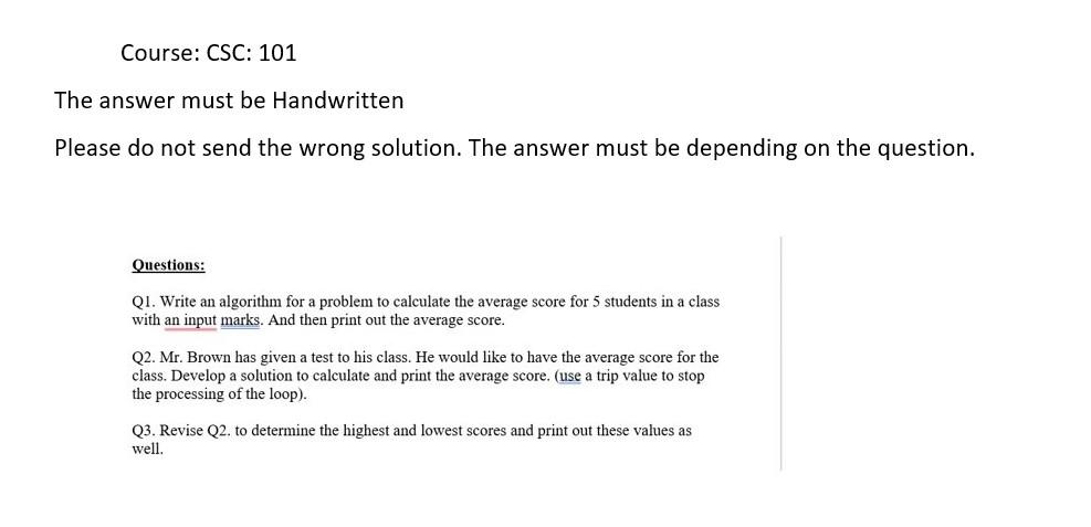 Solved Course: CSC: 101 The answer must be Handwritten | Chegg.com