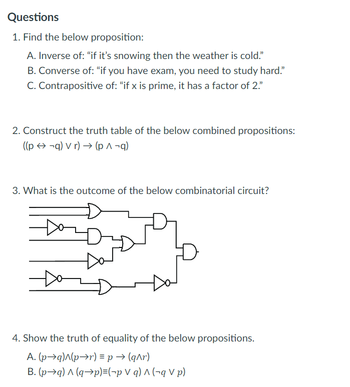 Solved Questions 1. Find the below proposition: A. Inverse | Chegg.com