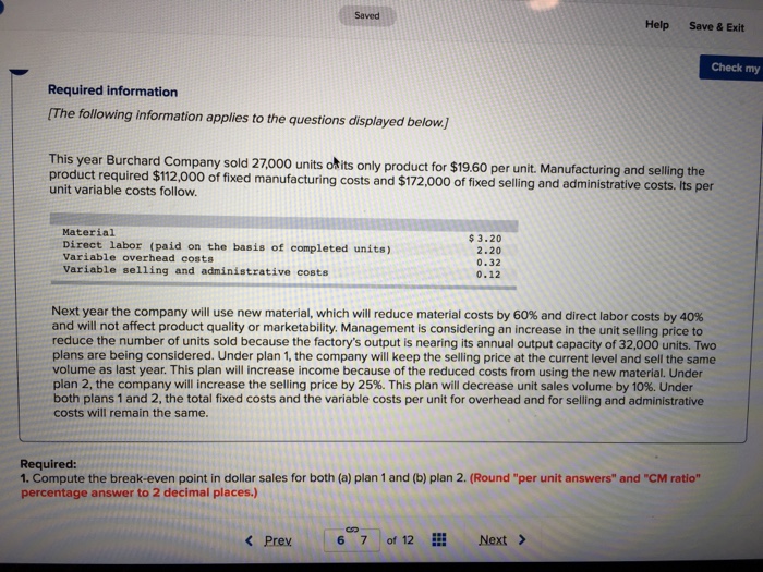 Solved Saved Help Save& Exit Check my Required information | Chegg.com