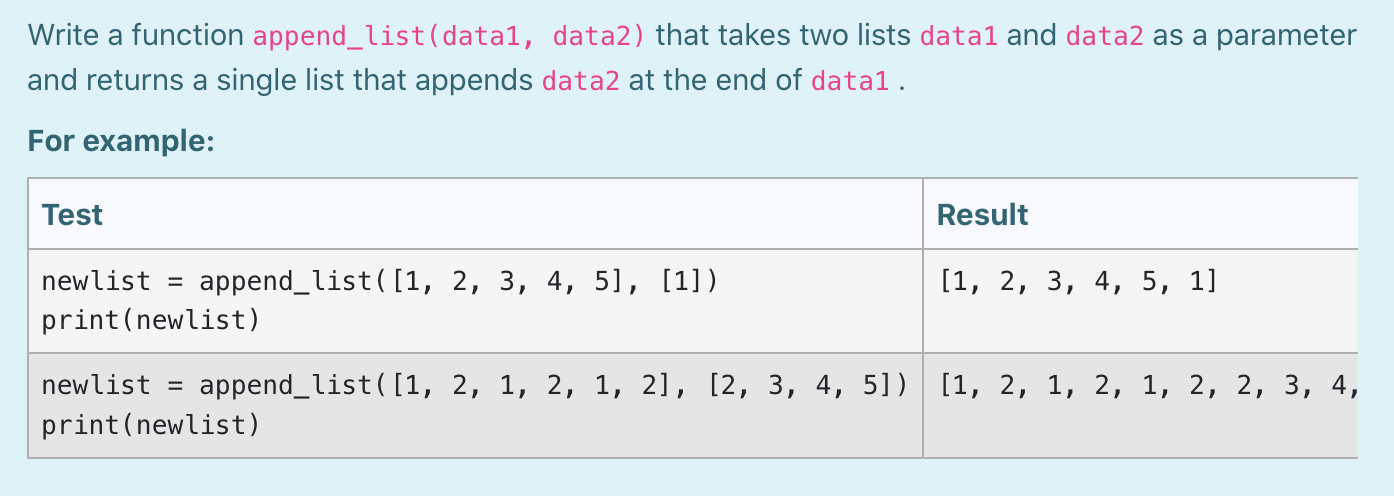 Solved Write a function append_list(data1, data2) that takes | Chegg.com