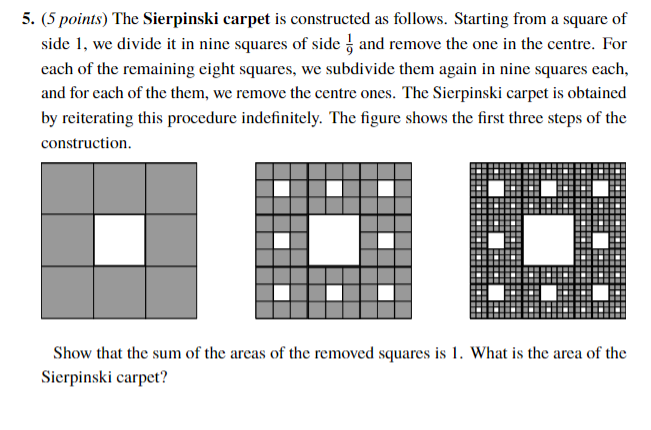 Solved 5. (5 points) The Sierpinski carpet is constructed as | Chegg.com