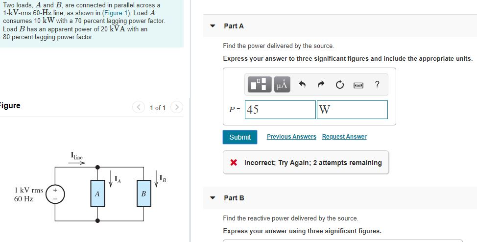 Solved Two loads, A and B are connected in parallel across a | Chegg.com