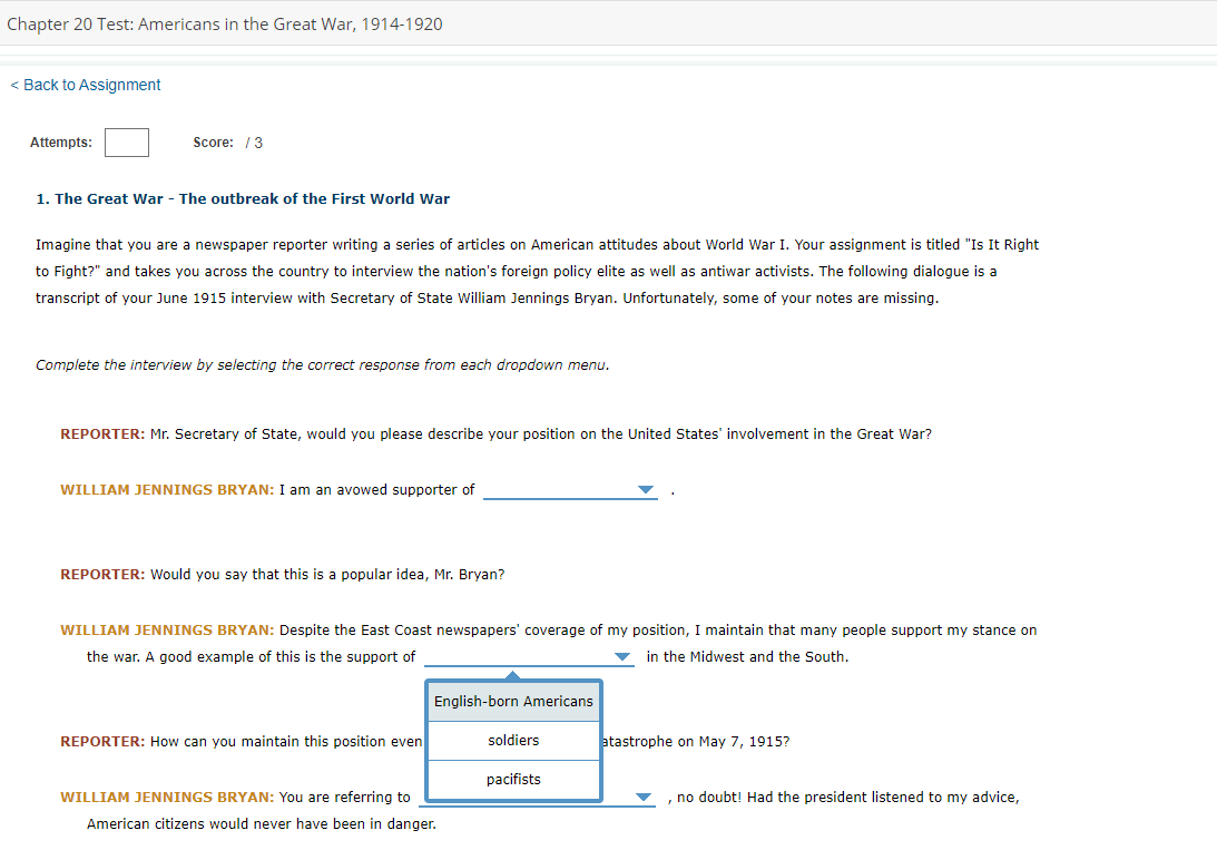 Solved Chapter 20 Test: Americans in the Great War, | Chegg.com