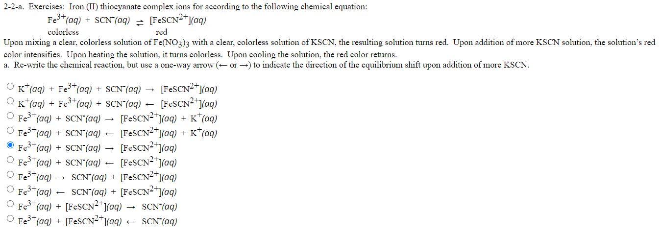 Solved 2-2-a. Exercises: Iron (II) thiocyanate complex ions | Chegg.com