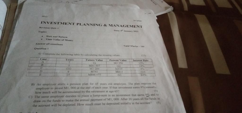 Solved MO INVESTMENT PLANNING & MANAGEMENT Revision Out Thes | Chegg.com