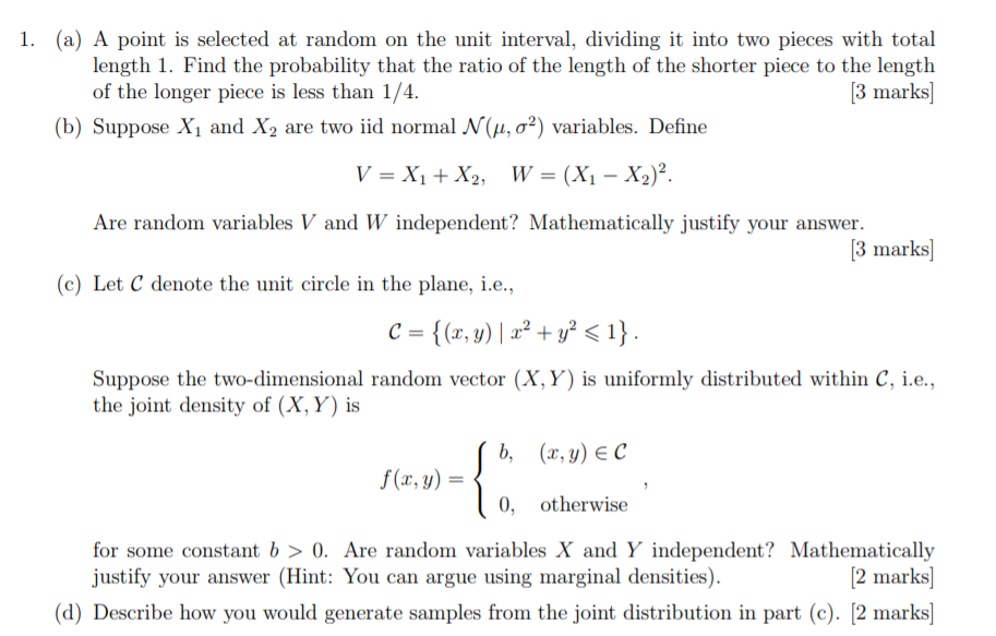 Solved 1. (a) A point is selected at random on the unit | Chegg.com