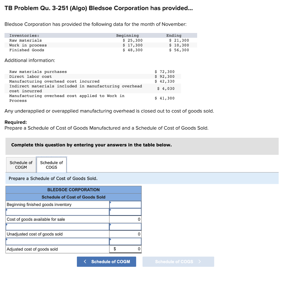 Solved TB Problem Qu. 3-251 (Algo) Bledsoe Corporation has | Chegg.com