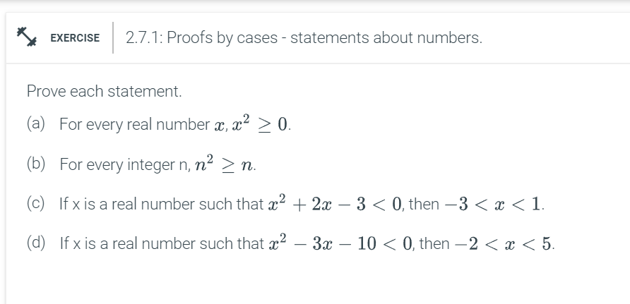 Solved 2.7.1: Proofs by cases - statements about numbers. | Chegg.com