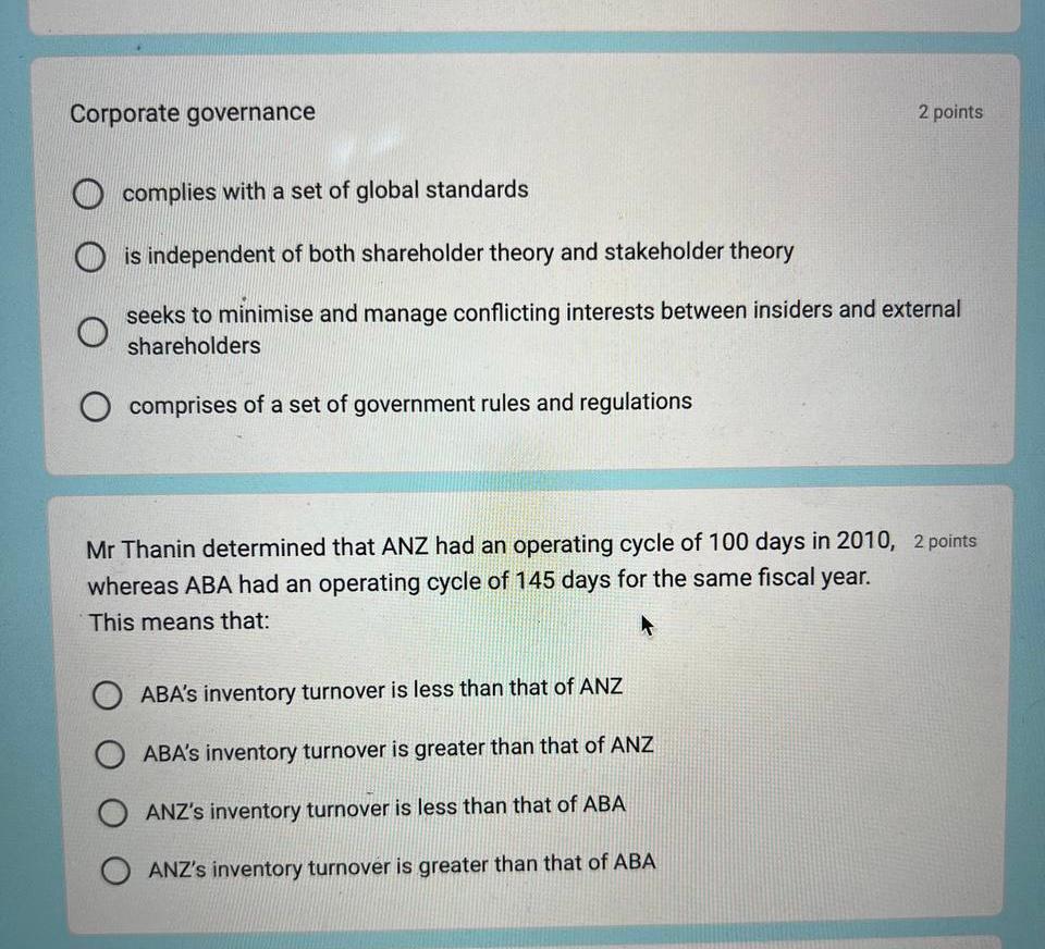 Solved Corporate governance 2 points complies with a set of | Chegg.com