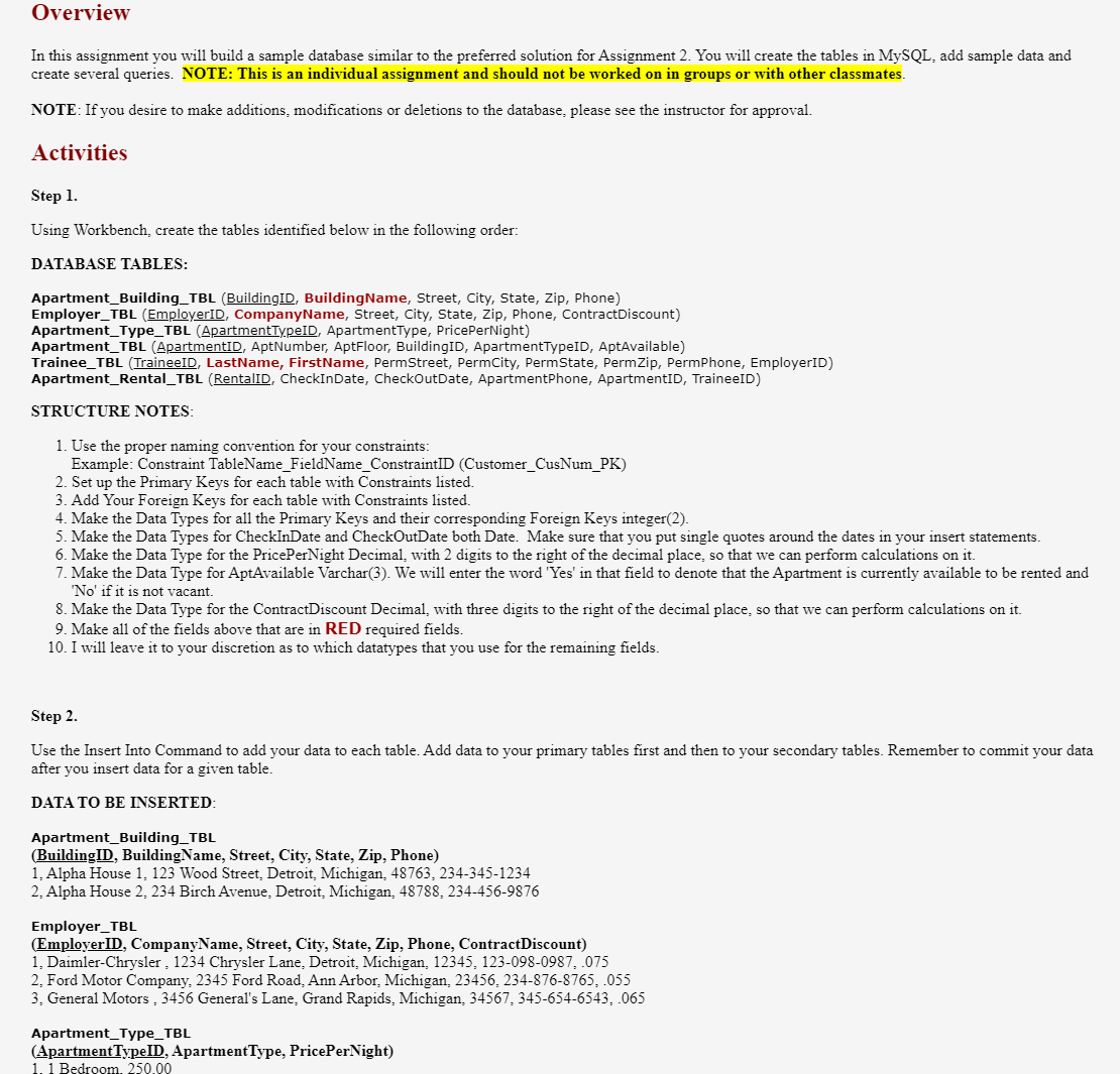 Solved Activities Step 1. Using Workbench, create the tables | Chegg.com