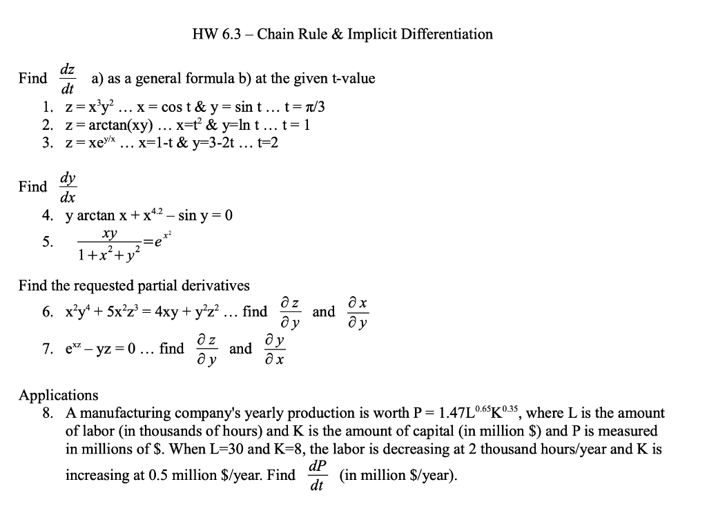 Solved HW 6.3 - Chain Rule & Implicit Differentiation Find | Chegg.com