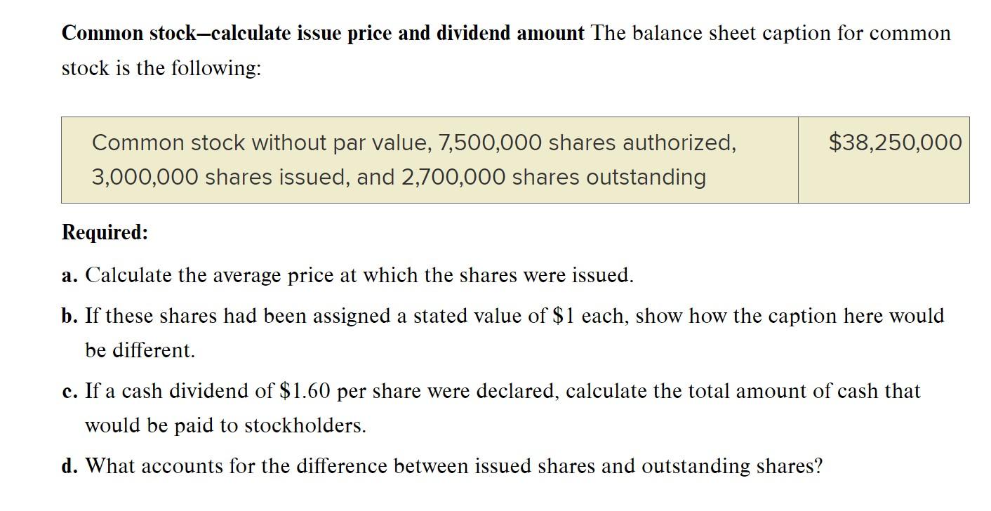Solved Common stock-calculate issue price and dividend | Chegg.com