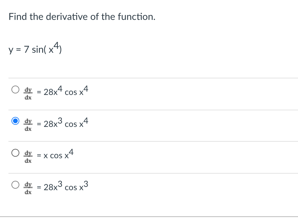 Solved Find the derivative of the function. y = 7 sin( x x4) | Chegg.com