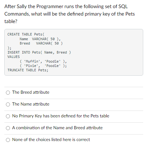 Solved Sally the Programmer is working with MySQL to create | Chegg.com