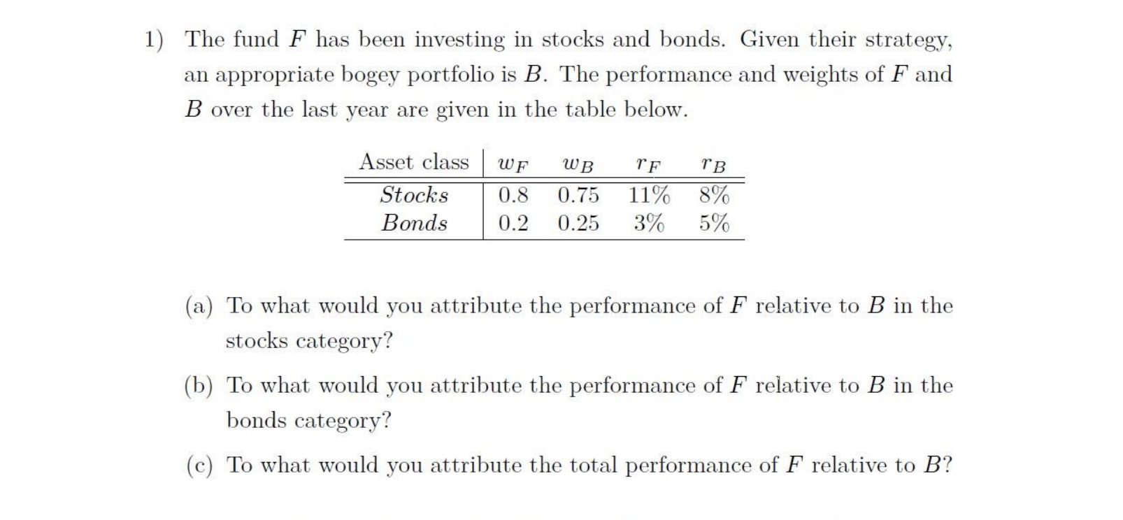 Solved 1) The fund F has been investing in stocks and bonds. | Chegg.com