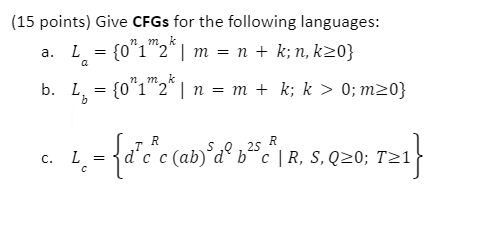 Solved (15 points) Give CFGs for the following languages: a. | Chegg.com