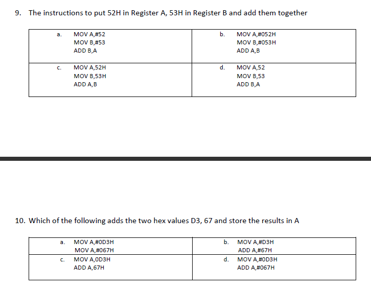 [Solved]: 9. The instructions to put 52H in Register A, 53H