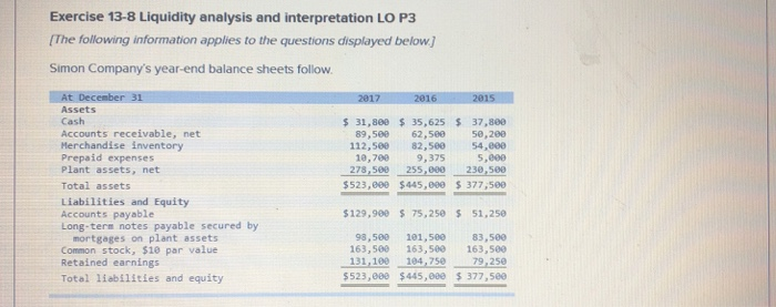 Solved Exercise 13-8 Liquidity analysis and interpretation | Chegg.com