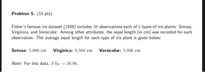 Solved Problem 5. (15 pts) Fisher's famous iris dataset | Chegg.com