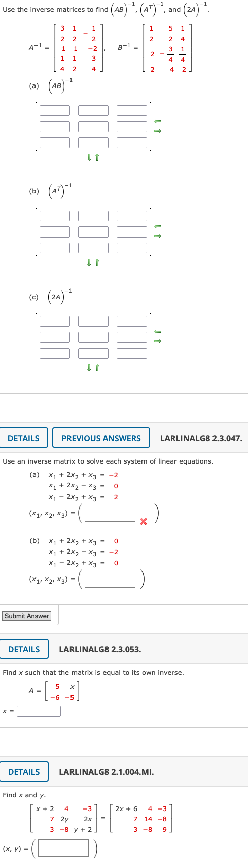 Solved Use the inverse matrices to find (AB)−1,(AT)−1, and | Chegg.com