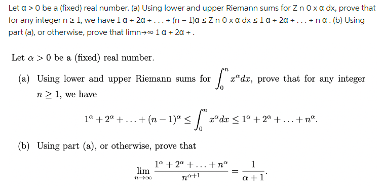 Solved Let α>0 be a (fixed) real number. (a) Using lower and | Chegg.com