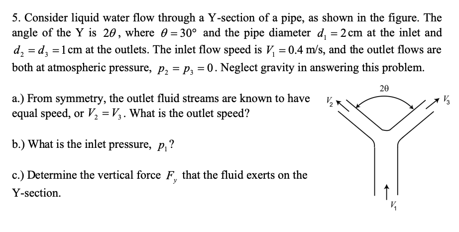 Solved 5. Consider liquid water flow through a Y-section of | Chegg.com