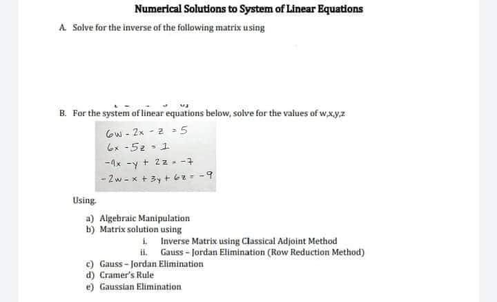Solved Numerical Solutions to System of Linear Equations A. | Chegg.com
