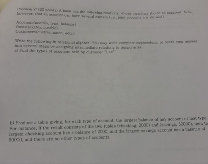Solved Problem 2: (20 points) A bank has the following | Chegg.com