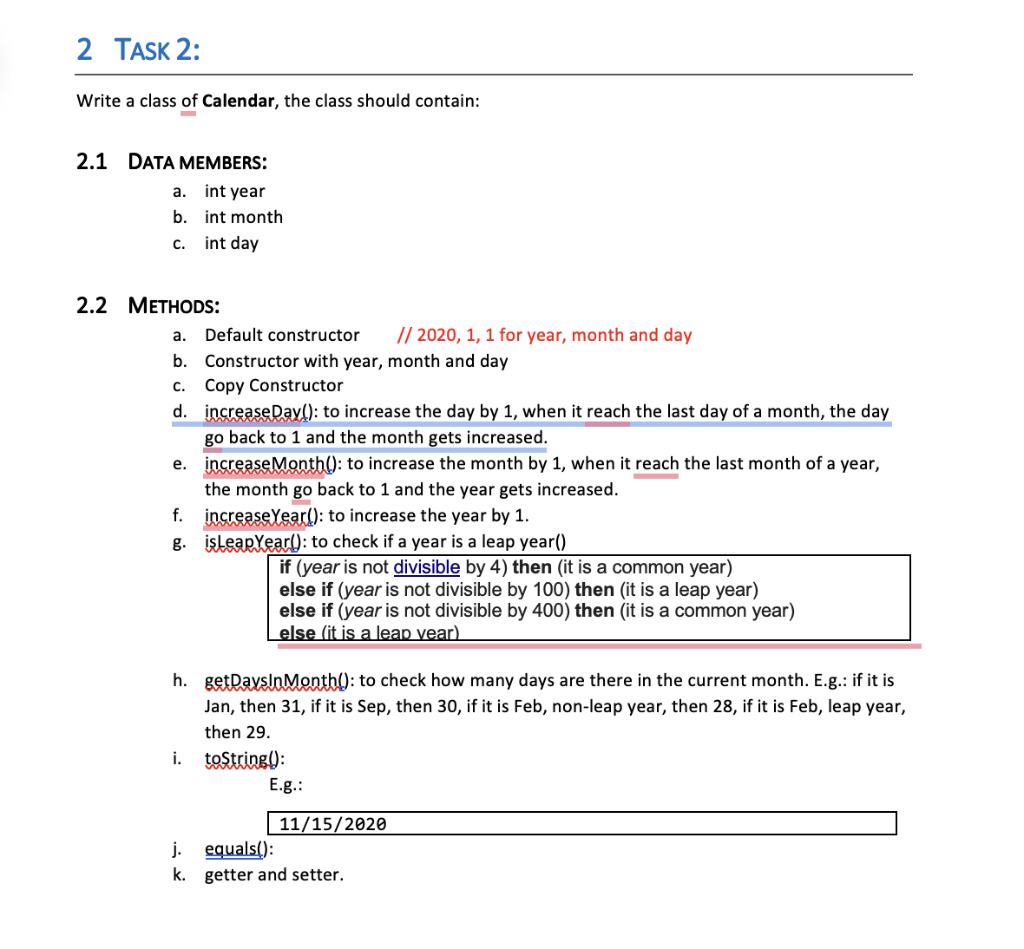 Solved 2 TASK 2: Write a class of Calendar, the class should | Chegg.com