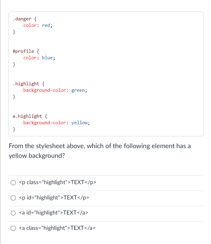 Solved .danger \{ color: red; \} \#profile \{ color: blue; | Chegg.com