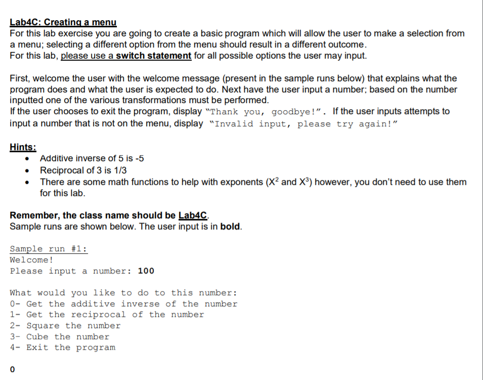 Solved Lab4C: Creating a menu For this lab exercise you are | Chegg.com