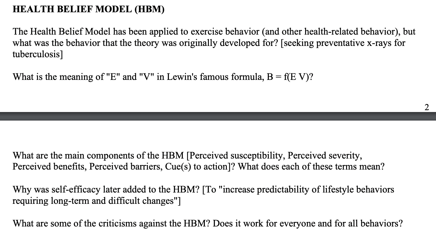 Solved The Health Belief Model has been applied to exercise | Chegg.com
