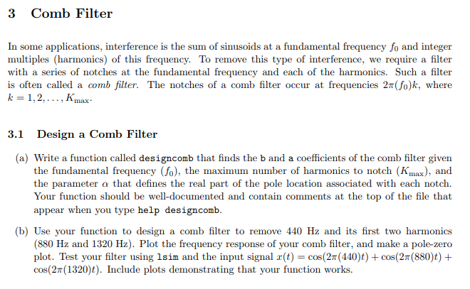 MATLAB coding project 3 Comb Filter In some | Chegg.com