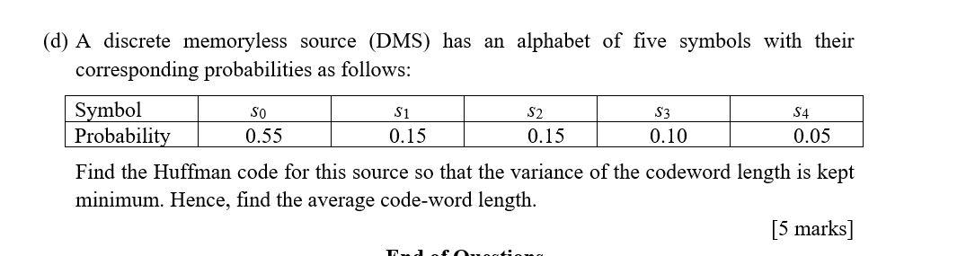Solved S3 S4 (d) A discrete memoryless source (DMS) has an | Chegg.com