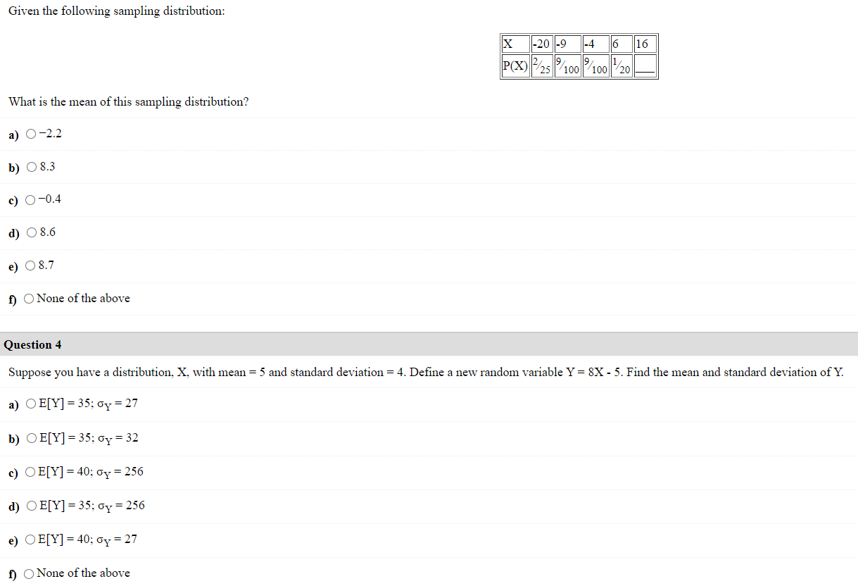 Solved Given the following sampling distribution: x |-20 1-9 | Chegg.com