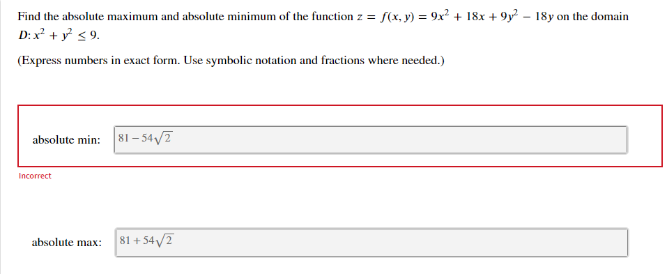 Solved Find the absolute maximum and absolute minimum of the | Chegg.com