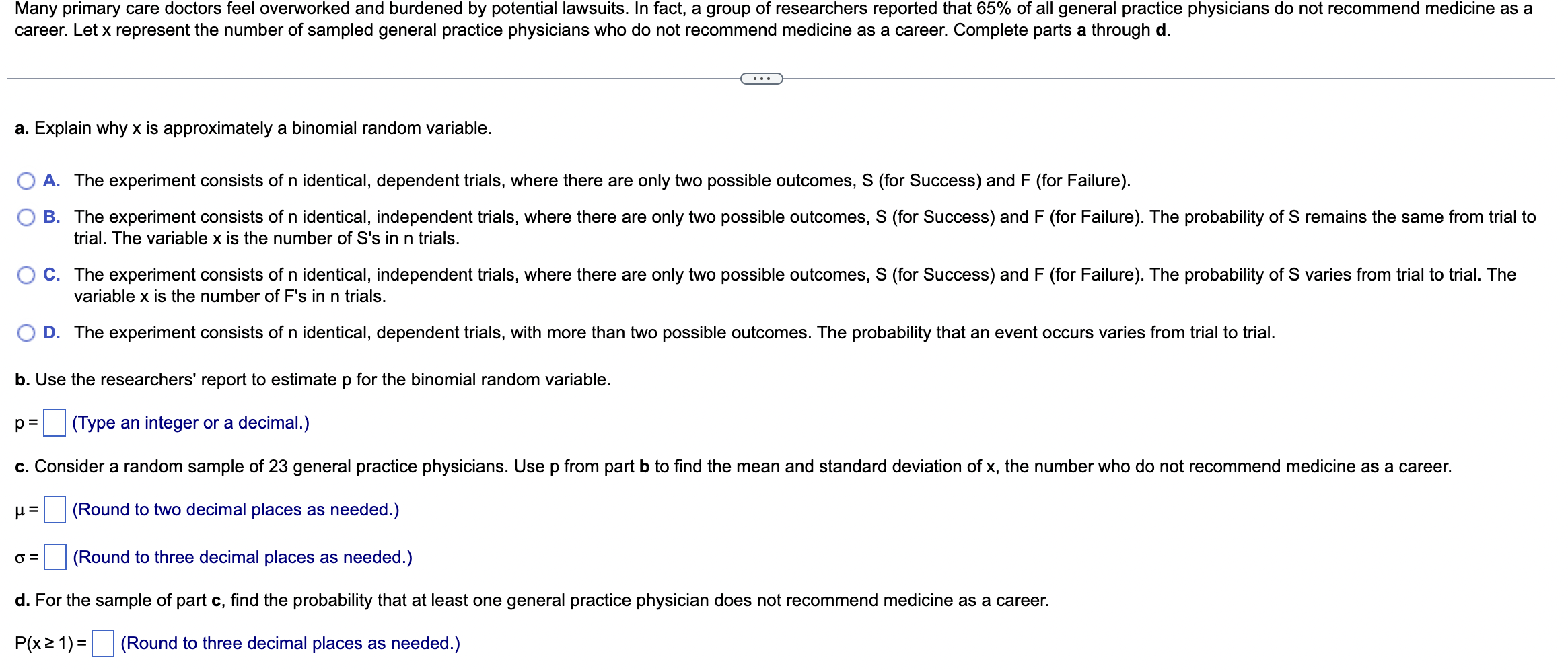 Solved a. Explain why x is approximately a binomial random | Chegg.com
