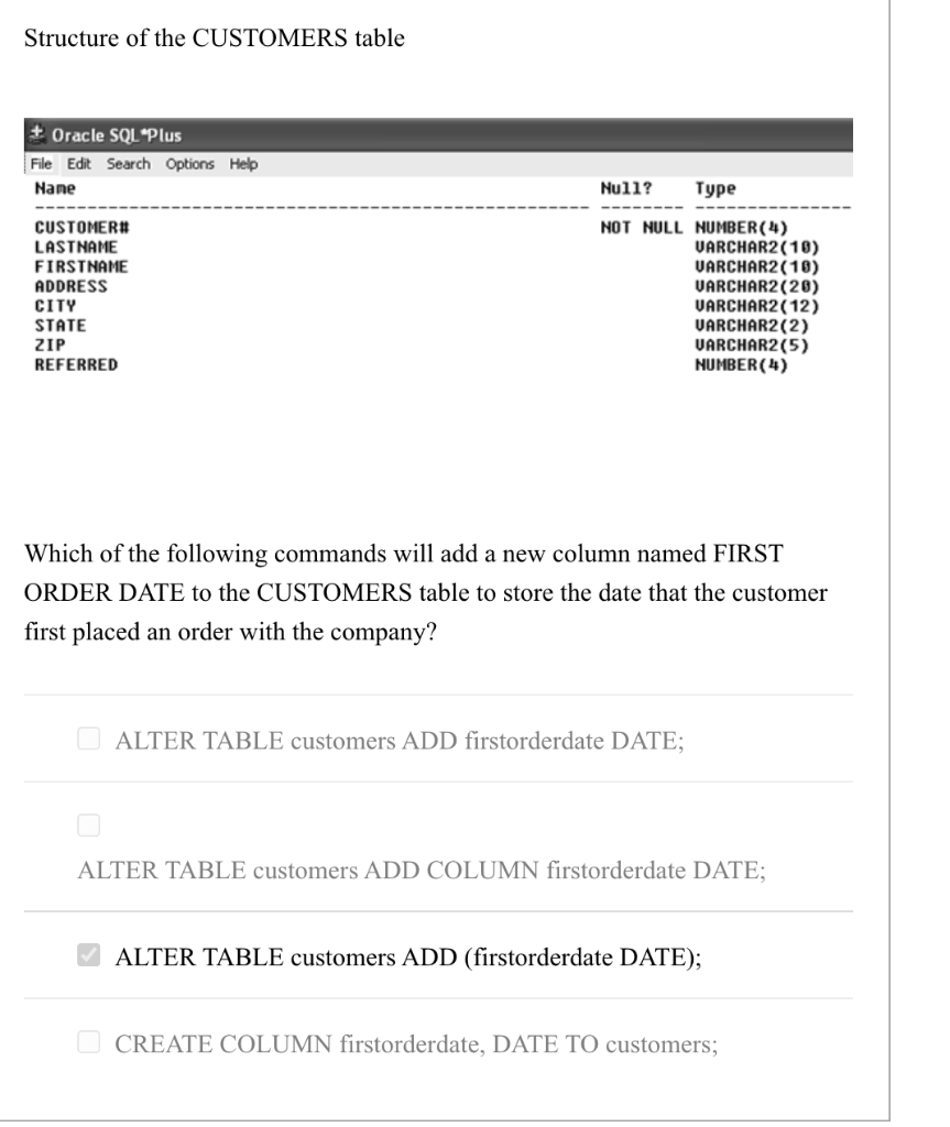 Solved Structure of the CUSTOMERS table Which of the | Chegg.com